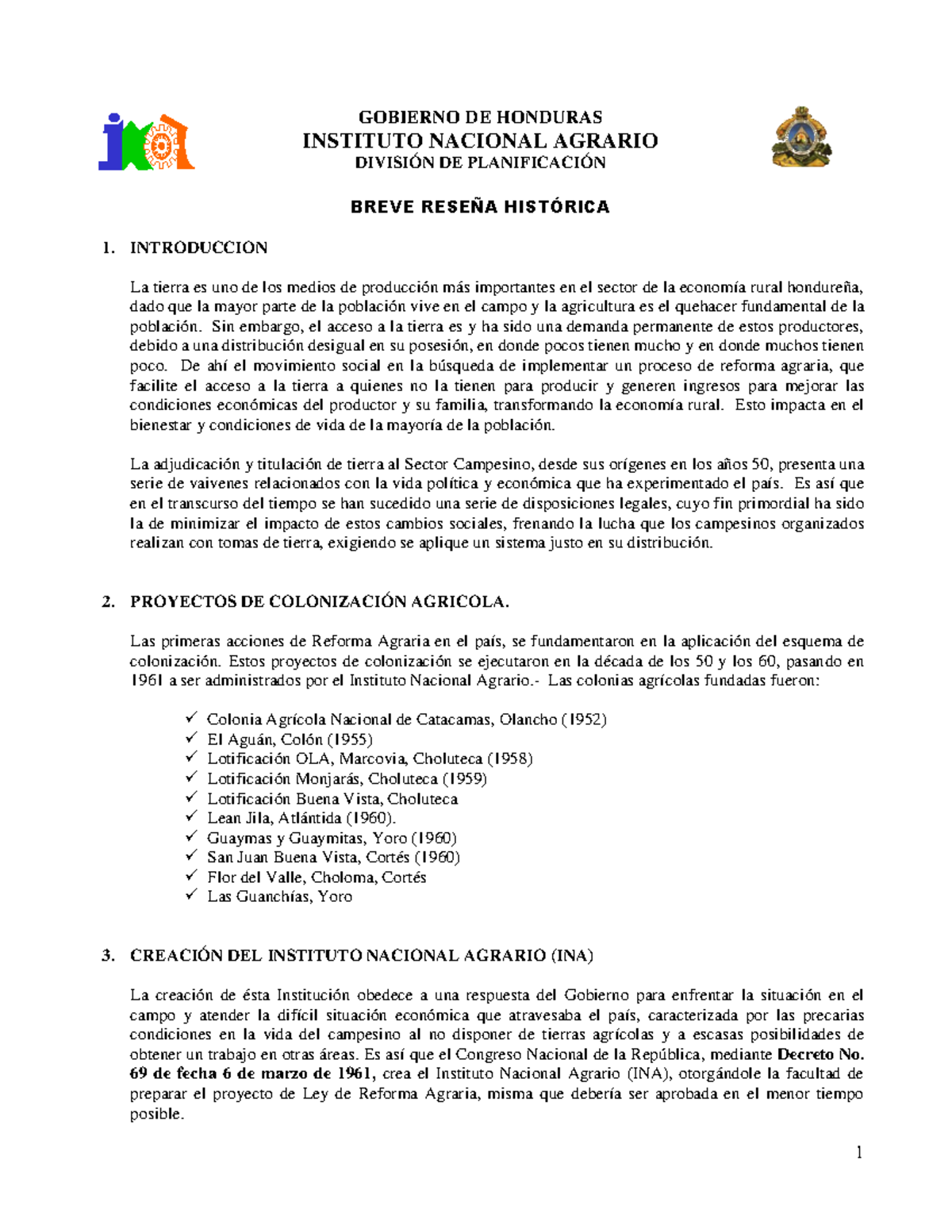 2 7 Historia del INA - GOBIERNO DE HONDURAS INSTITUTO NACIONAL AGRARIO ...
