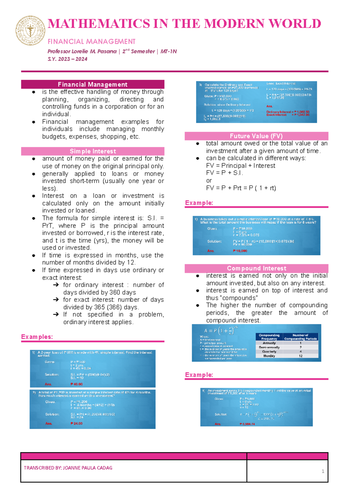 MMW W4 Trans - Module 6 Financial Management - MATHEMATICS IN THE ...