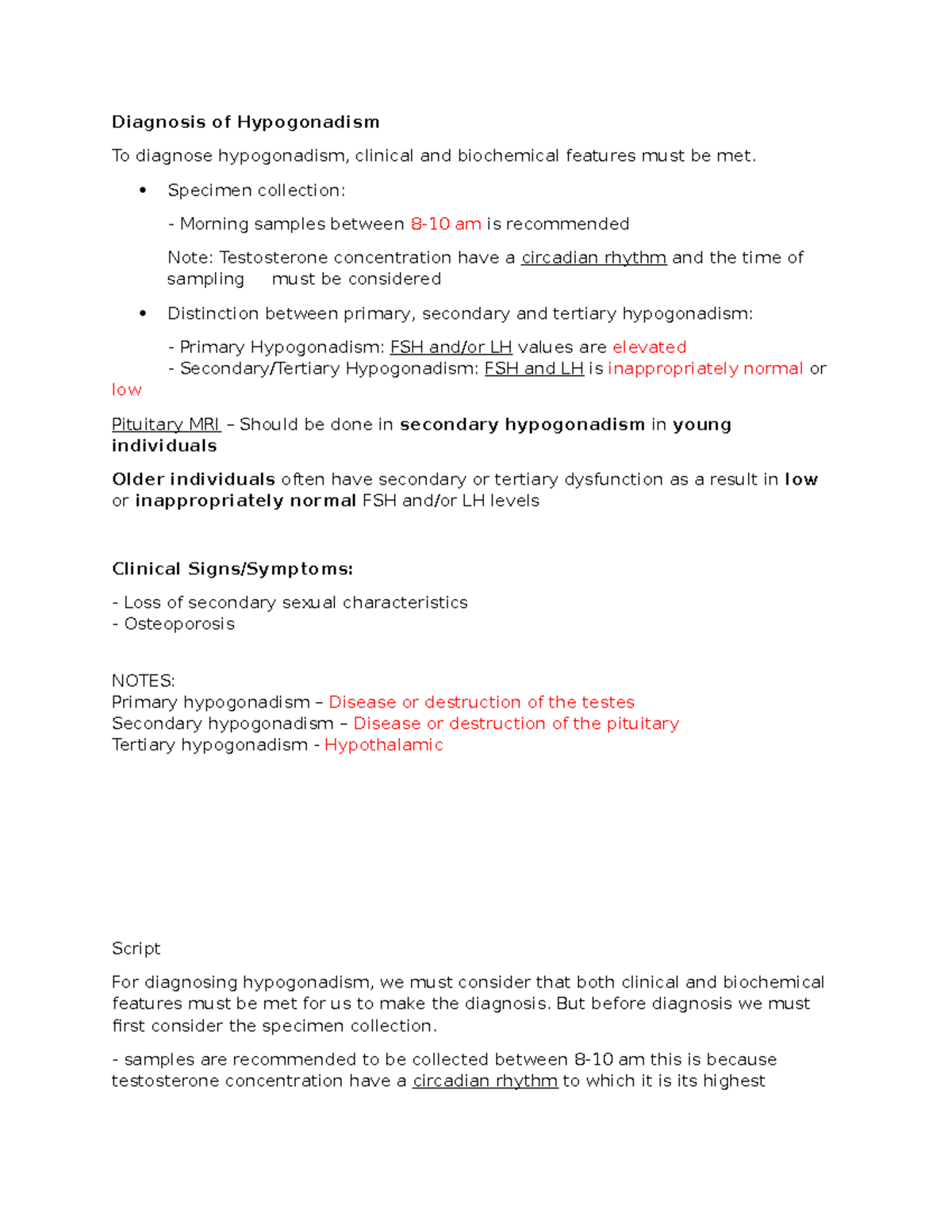 Diagnosis of Hypogonadism - Specimen collection: Morning samples ...