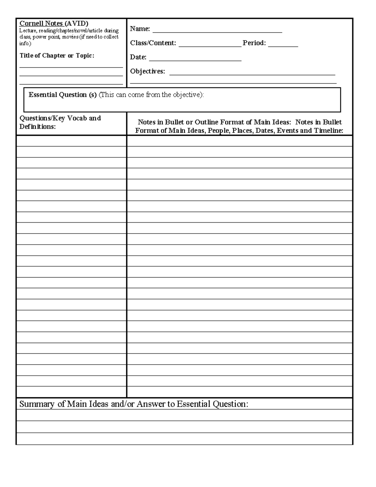Cornell Notes Template 2-1 - Cornell Notes (AVID) Lecture, reading ...