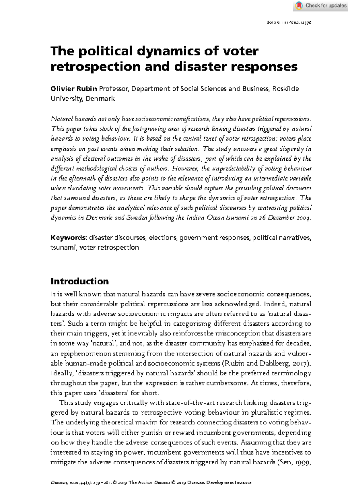 Disasters - 2019 - Rubin - The political dynamics of voter ...