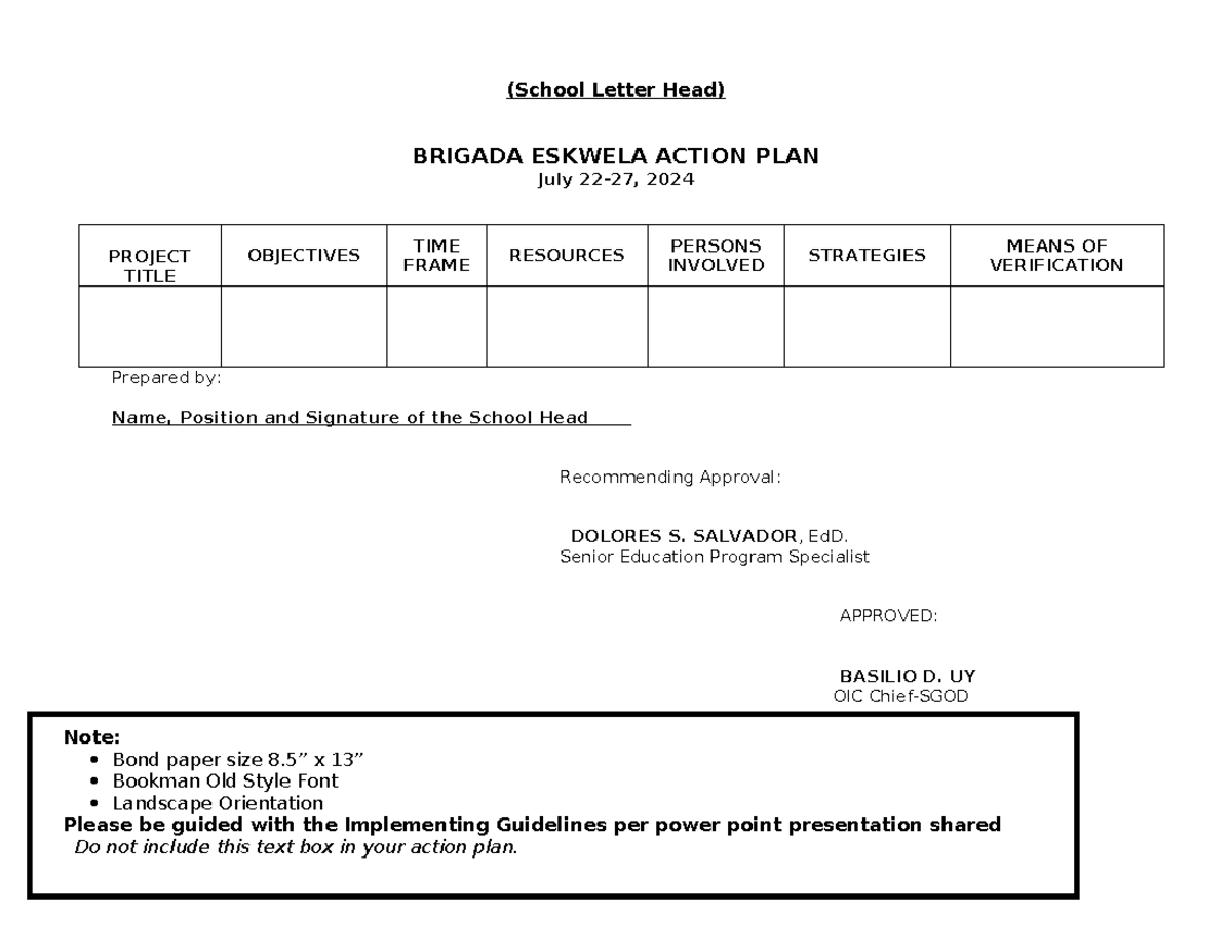 BE Action Plan Template - (School Letter Head) BRIGADA ESKWELA ACTION ...