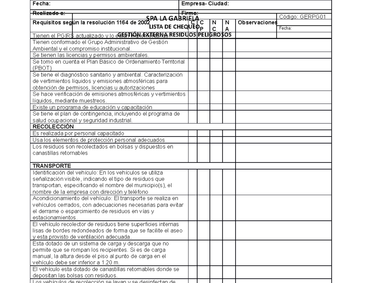 Lista de chequeo- Gestión Externa - SPA LA GABRIELA LISTA DE CHEQUEO ...