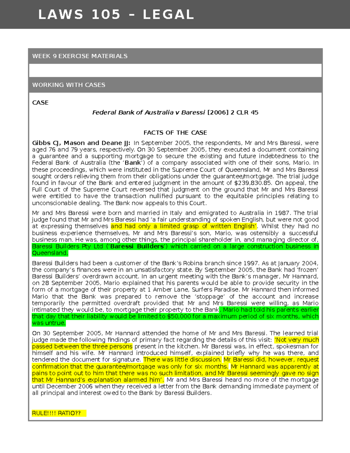 Legal Foundations A - Topic 9 - Legal Method - Exercise Materials with ...