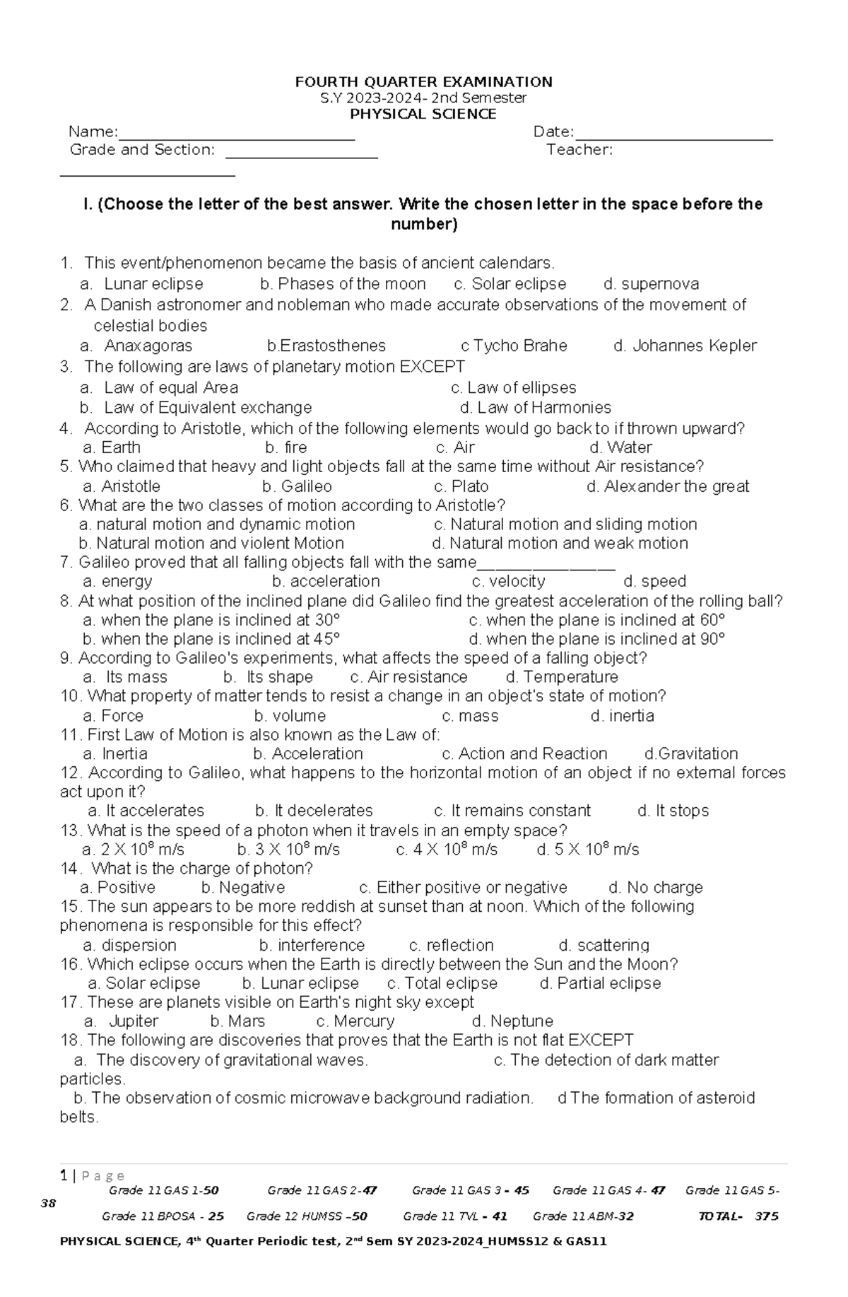 Final EXAM Physical Science - FOURTH QUARTER EXAMINATION S 2023-2024 ...