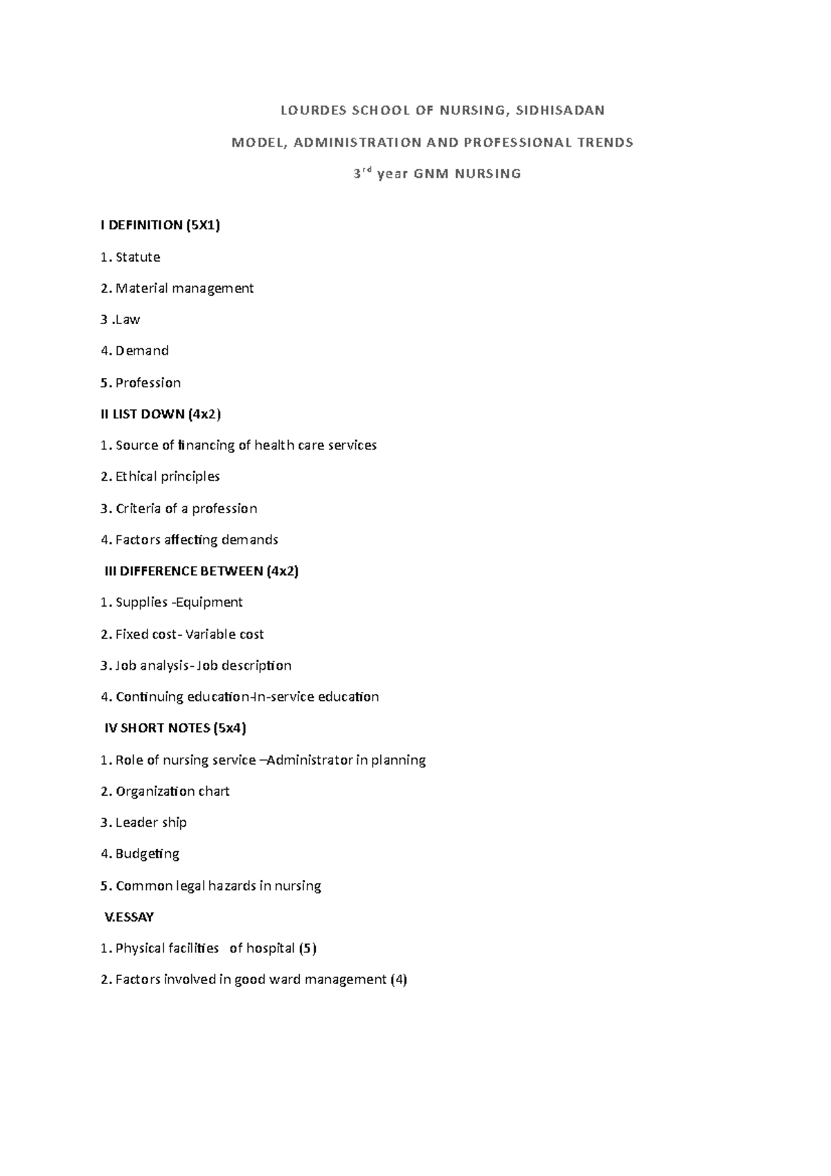 = Administration Model Question paper - LOURDES SCHOOL OF NURSING ...