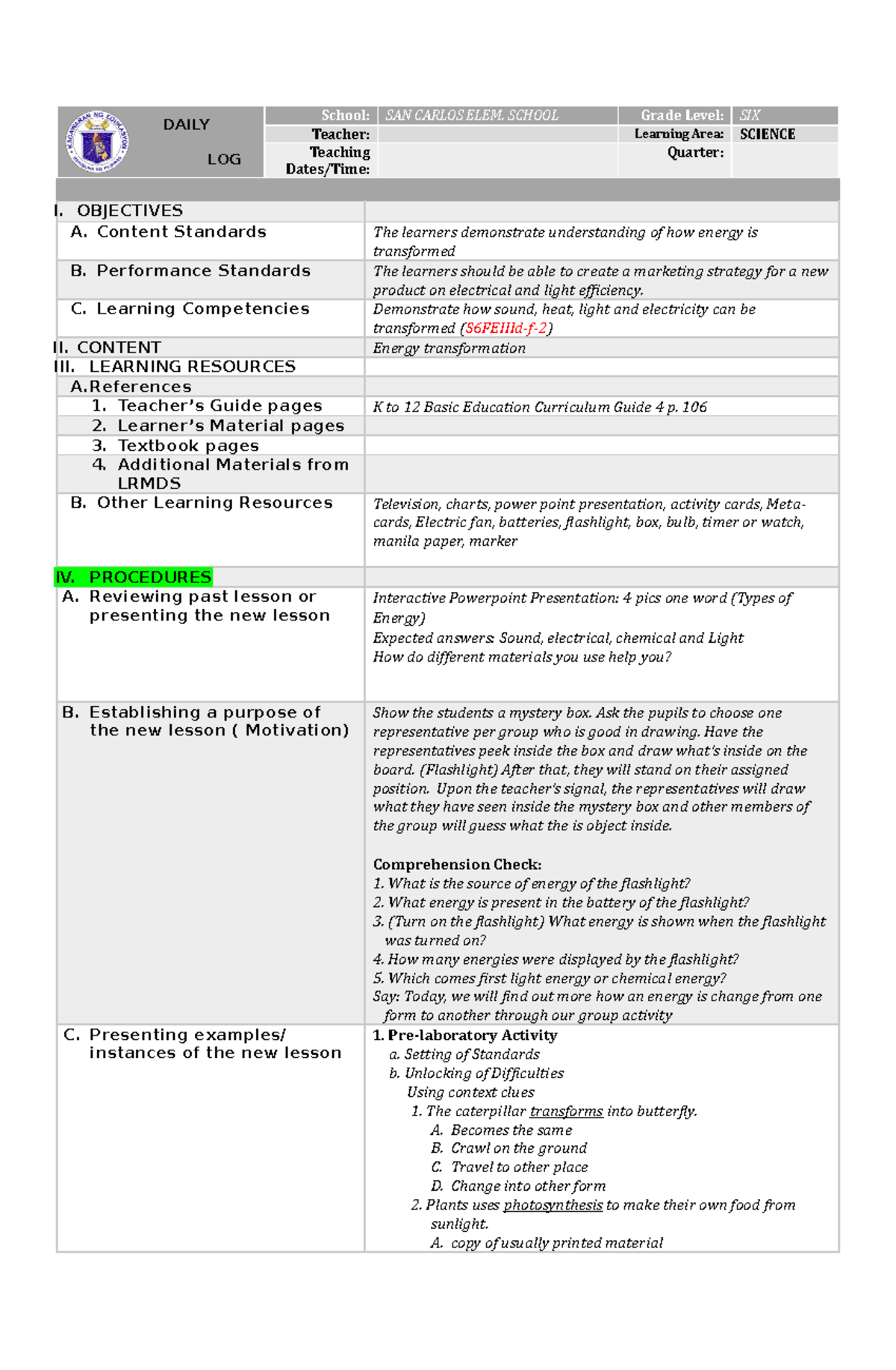 Science-6-COT - This is a Class Observation Tool for science 6 - DAILY ...