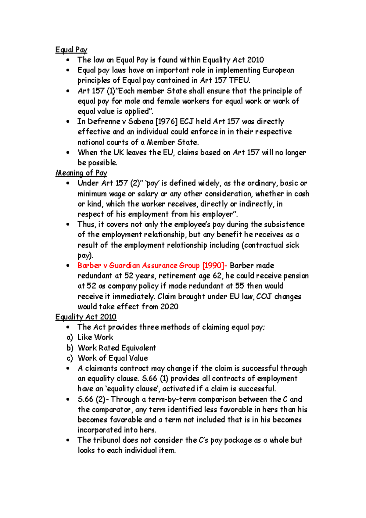 Equal Pay- exam notes - Katherine Thompson - Equal Pay The law on Equal ...