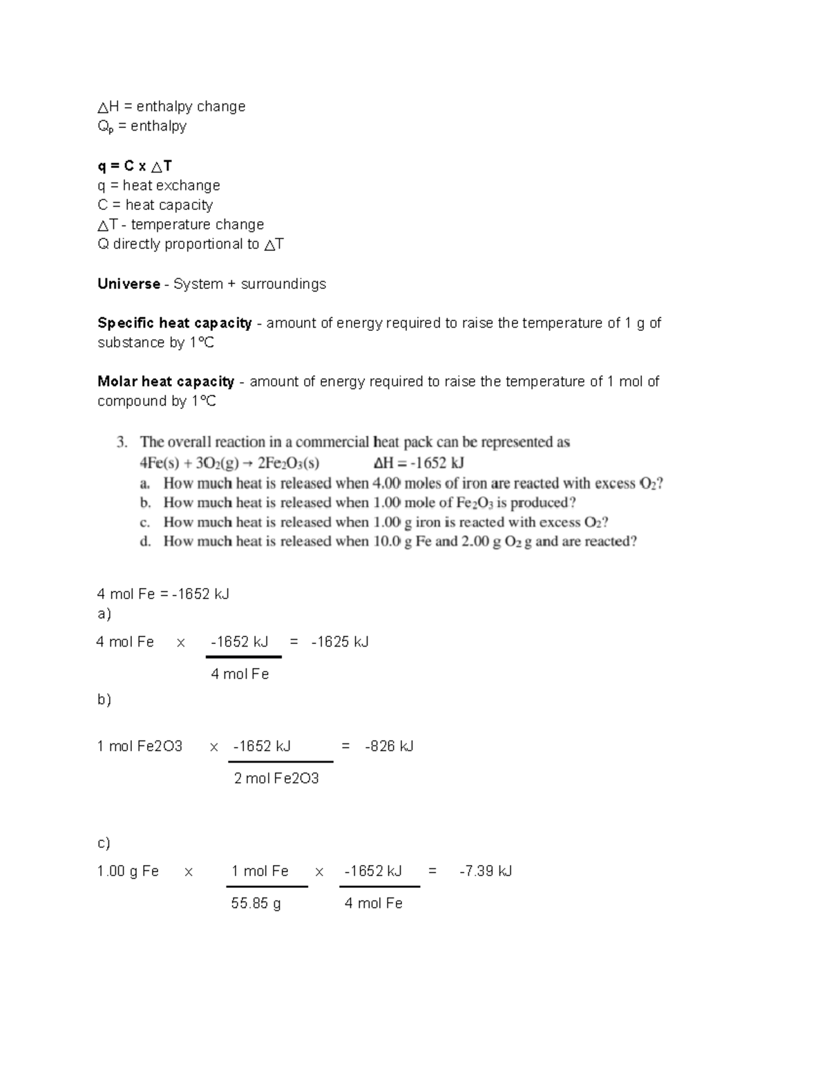 Chem 1125 CH 7 notes - H = enthalpy change Qp = enthalpy q = C x T q ...