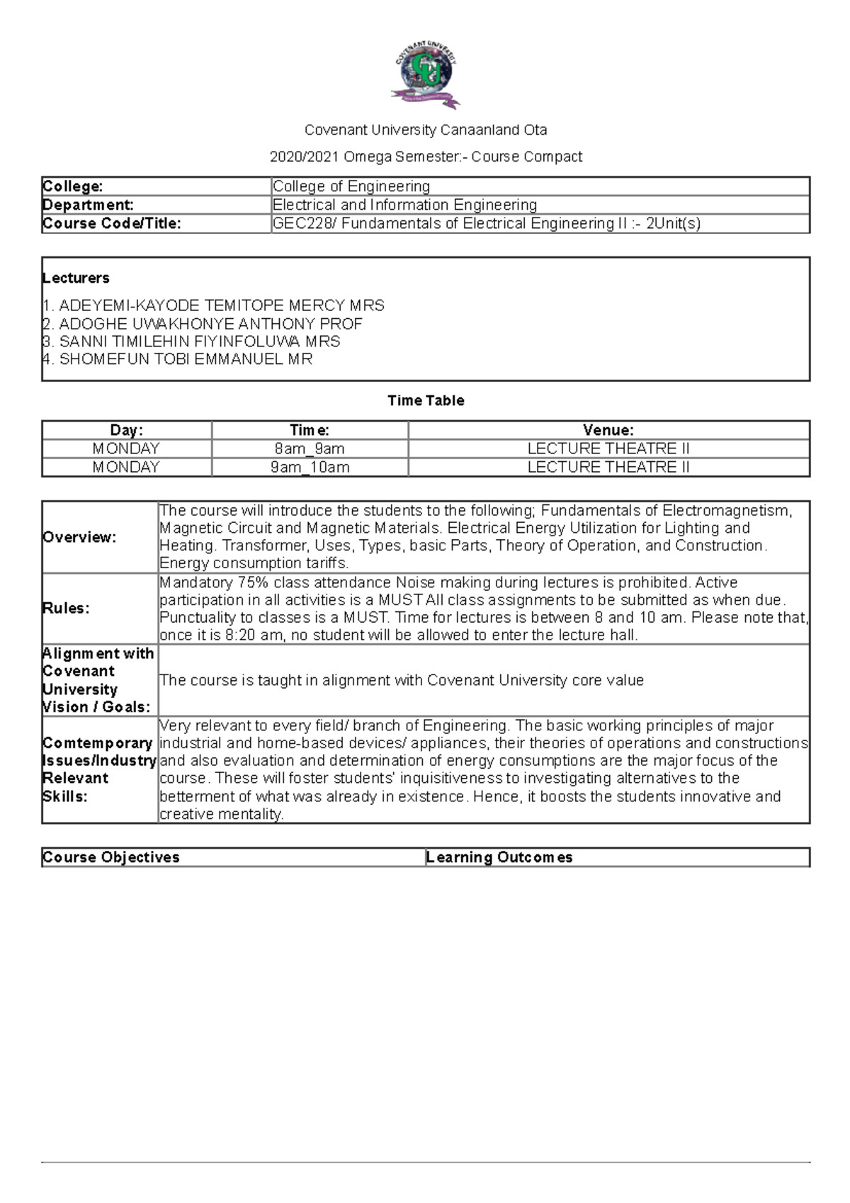 GEC228 Course compact - Outline - Introduction to Electrical ...