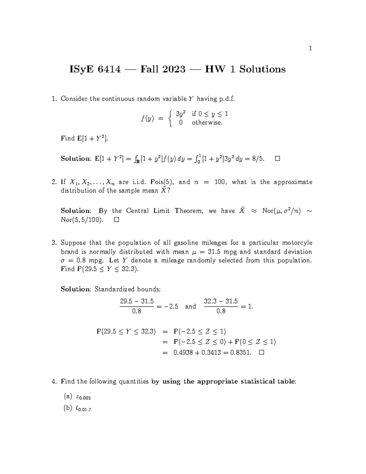 6414 hw1 f23 solutions v3 - ISyE 6414 — Fall 2023 — HW 1 Solutions Consider the continuous ...