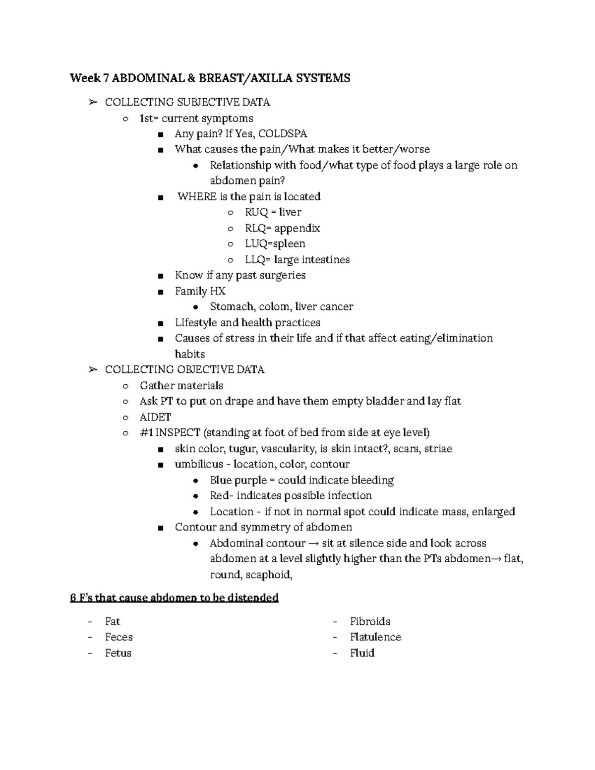 Assessment Lab Week 7 - lab notes - Week 7 ABDOMINAL & BREAST/AXILLA ...