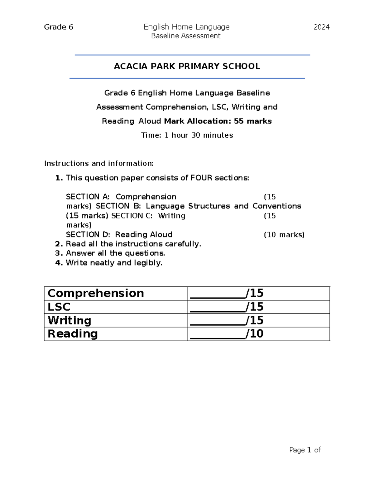 Grade 6 English Home Language 2020 Baseline Assessment. MEED Primary ...