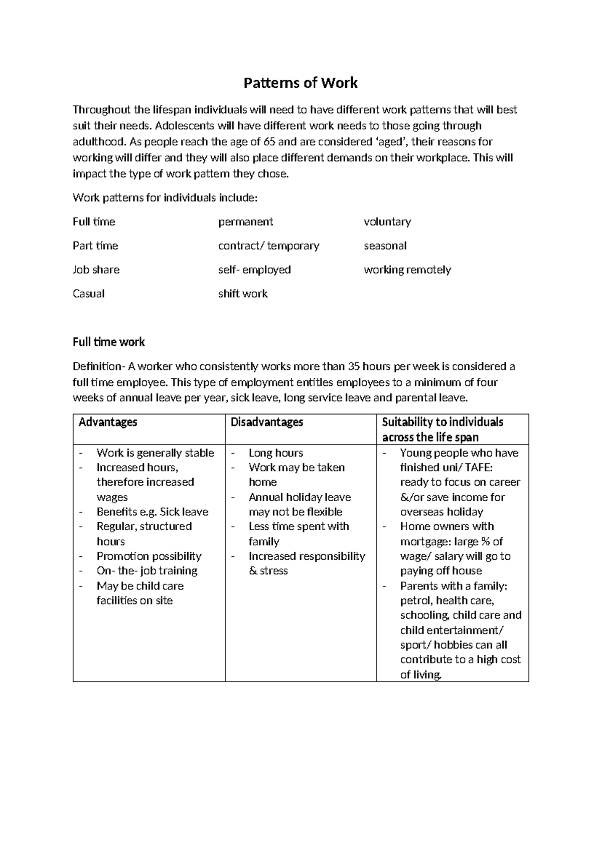 Patterns of Work - Patterns of Work Throughout the lifespan individuals ...