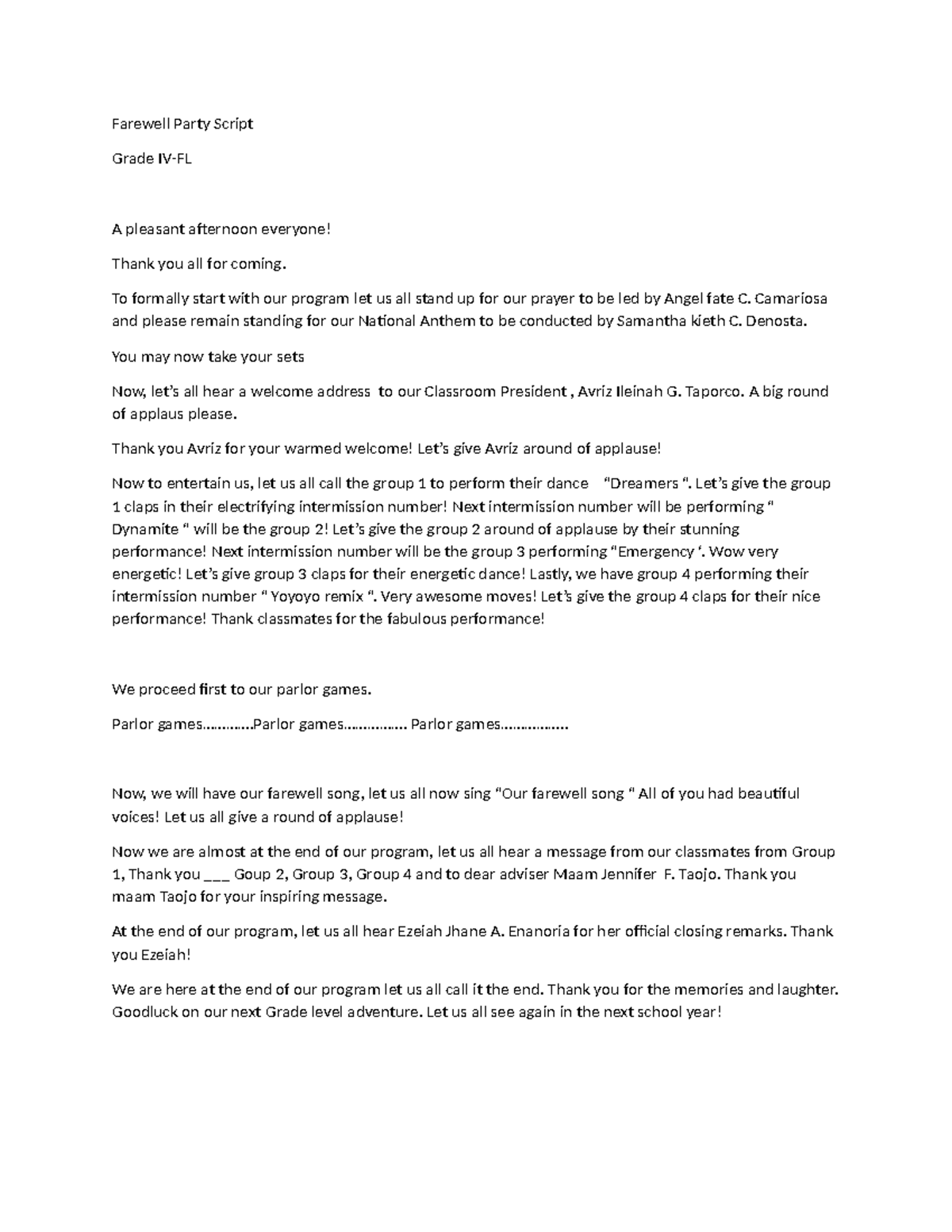 Farewell Party Scrip 1 - Farewell Party Script Grade IV-FL A pleasant ...