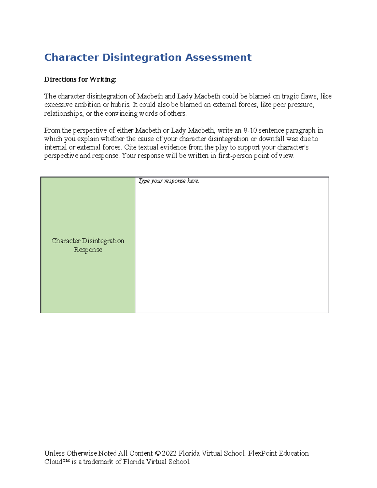 Character disintegration rubric - Character Disintegration Assessment ...
