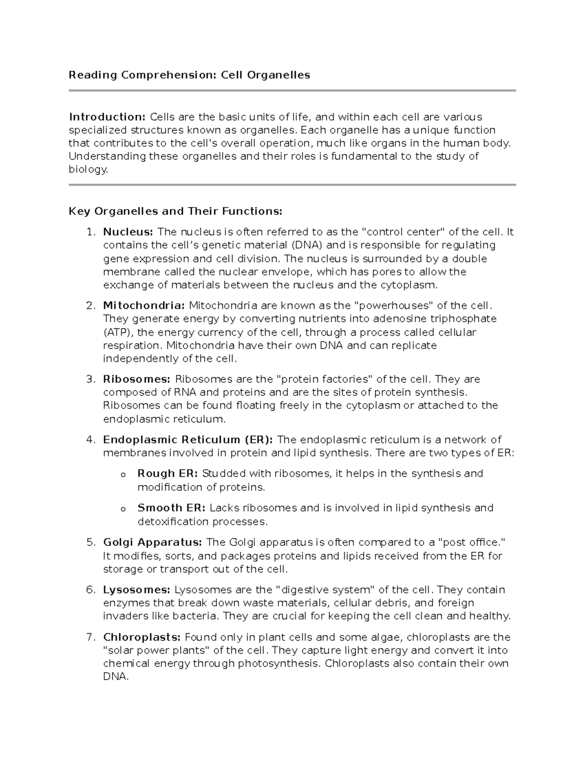 Reading Comprehension Cell Organelles - Reading Comprehension: Cell ...