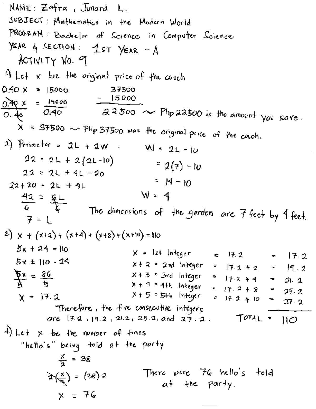 Mathematics in the Modern World (Activity 9) - Studocu