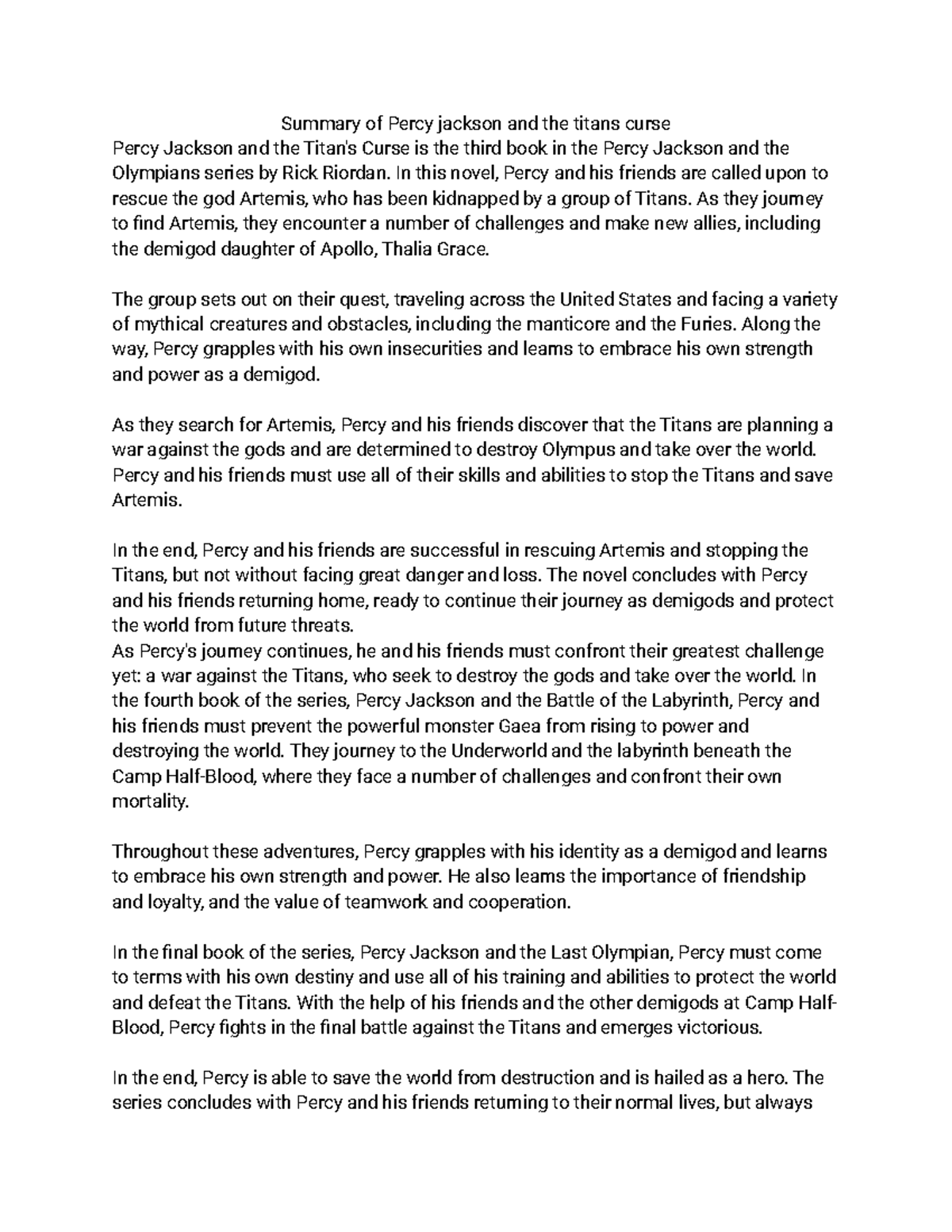 Summary of Percy jackson and the titans curse - In this novel, Percy and his friends are called ...
