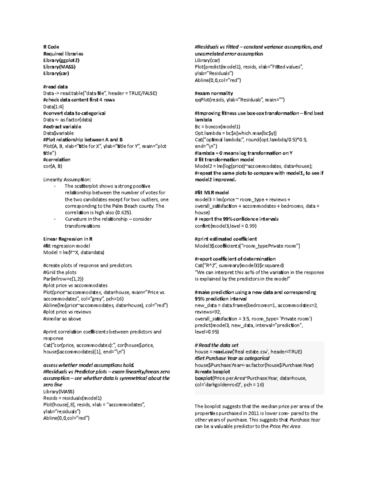 R Code cheatsheet for Midterm1 - R Code Required libraries Library ...