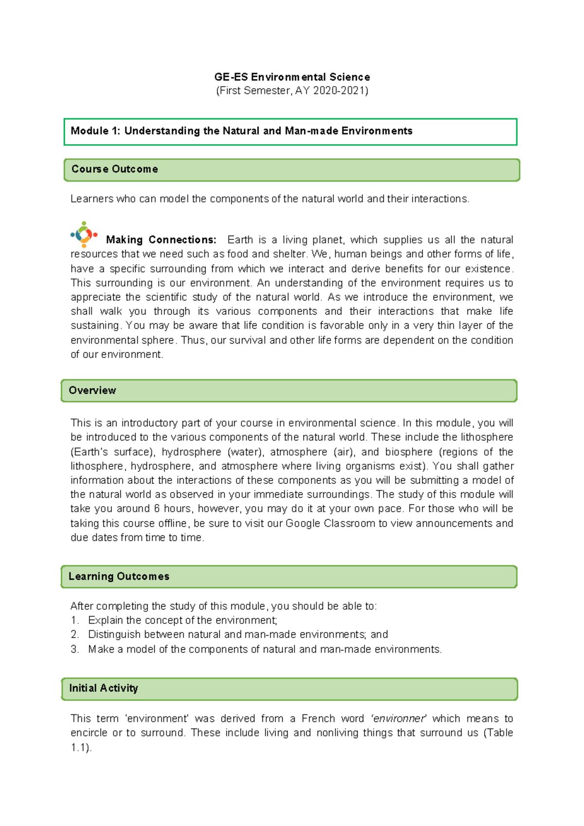 ES Chapter 2 - GE-ES Environmental Science (First Semester, AY 2020-2021) Module 1 ...
