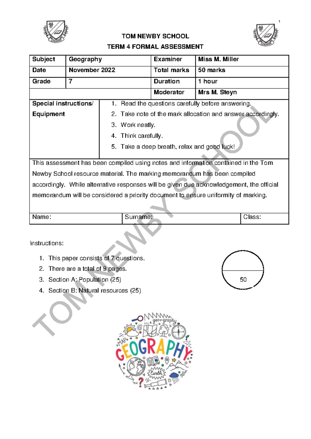Grade 7 Geography Script November 2022 - TOM NEWBY SCHOOL TERM 4 FORMAL ...