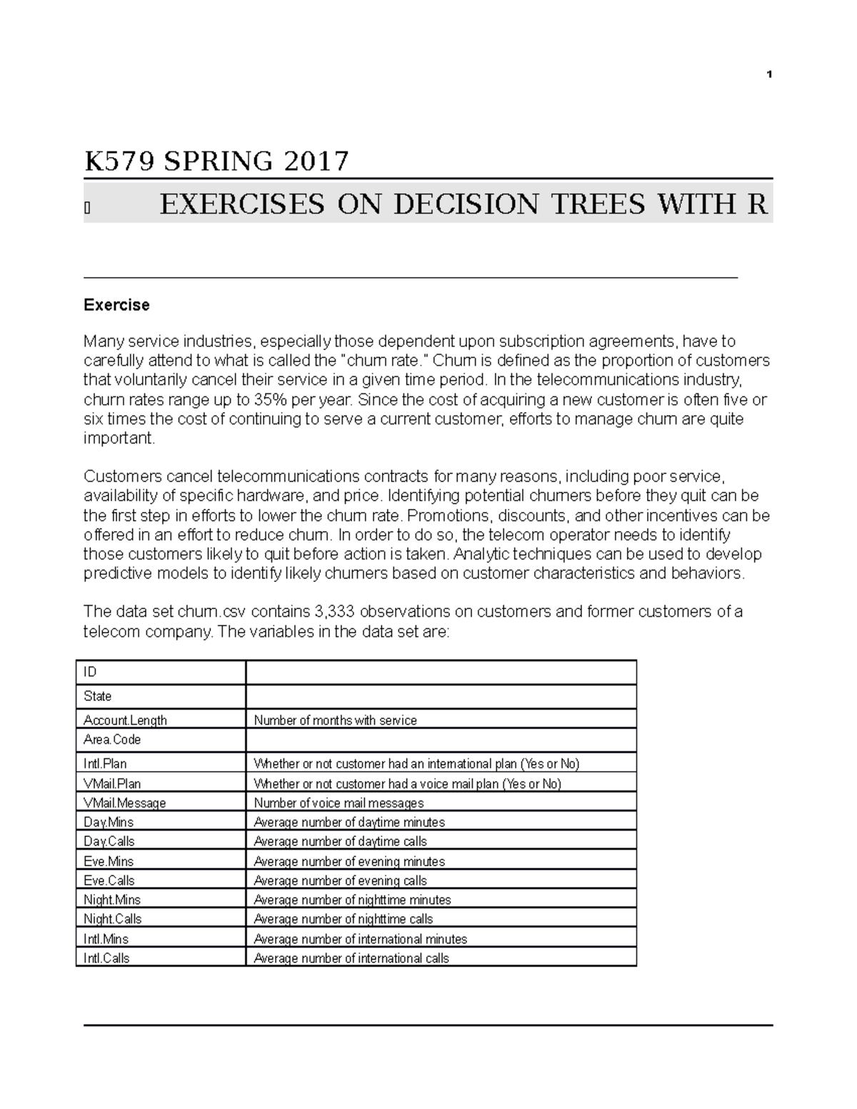 Decision Tree Exercise Churn - 1 K579 SPRING 2017 EXERCISES ON DECISION TREES WITH R Exercise ...
