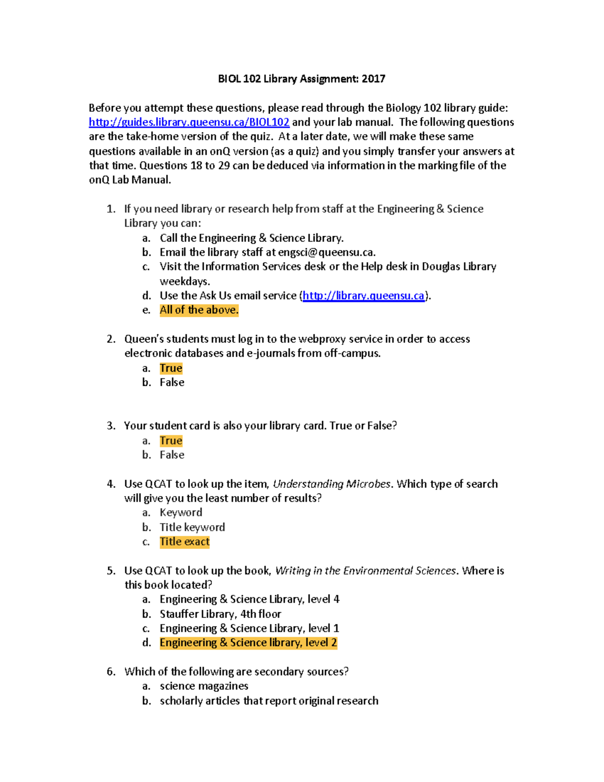 Library Assignment Questions - BIOL 102 Library Assignment: 2017 Before ...