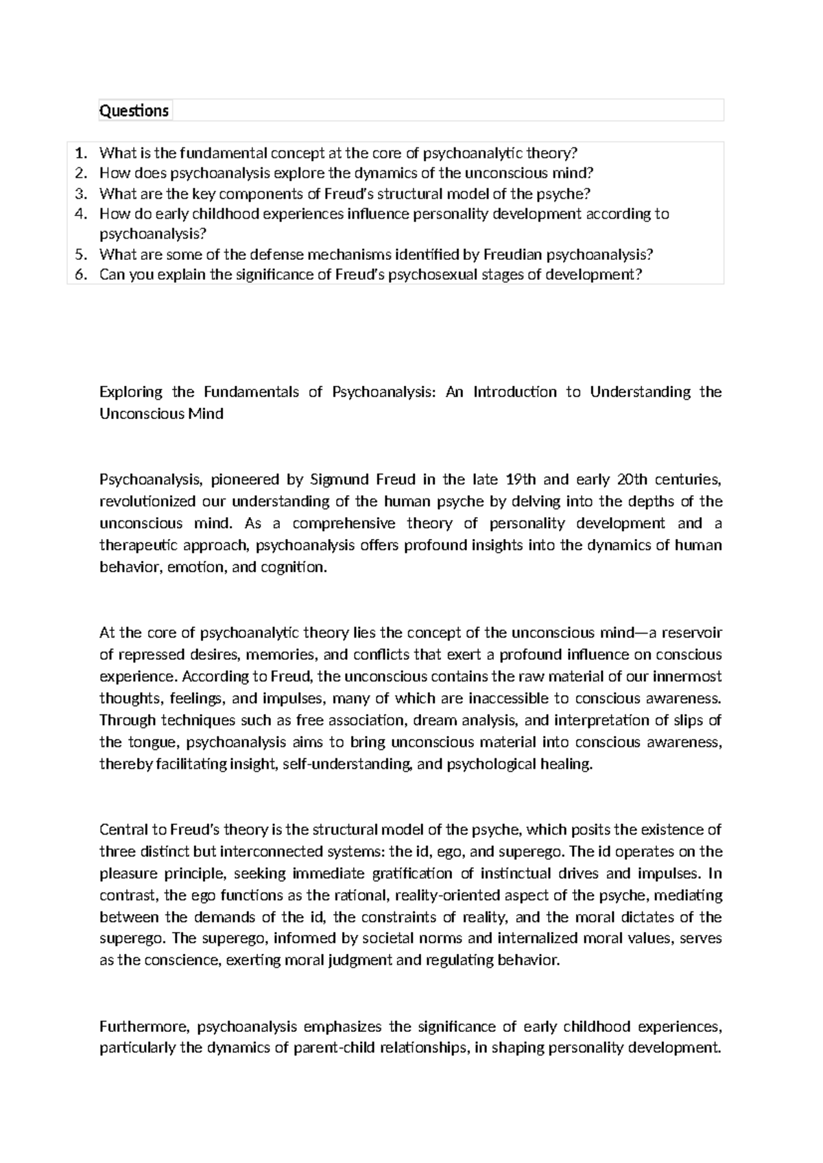 Introduction to psychoanalysis - Questions What is the fundamental ...