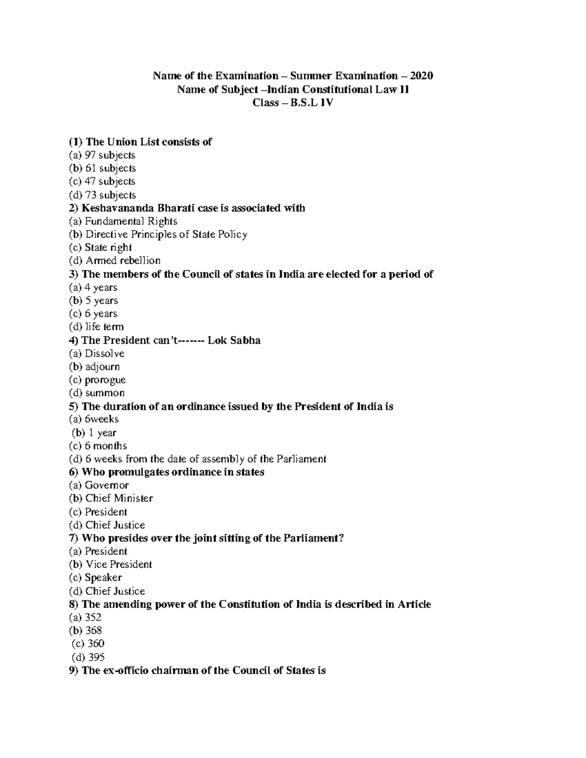 Constitutional Law-II Subject MCQs with answer key - Name of the ...