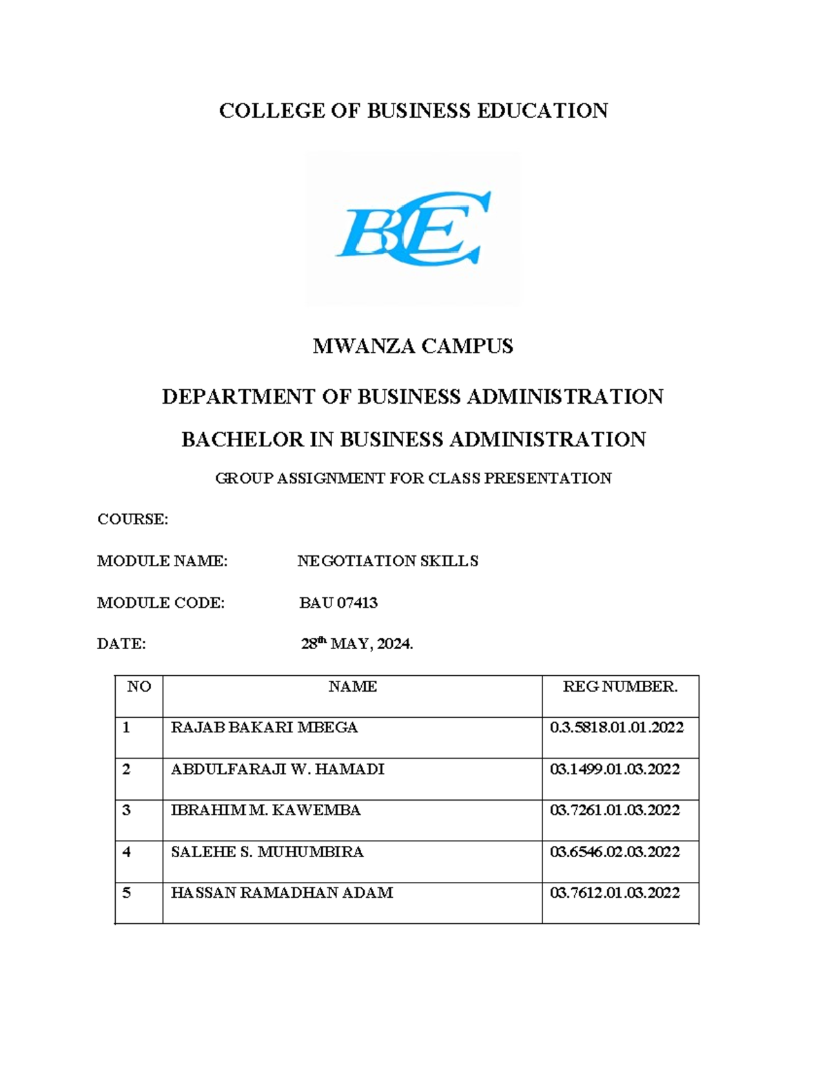 BBA WORK Negotiation NEW Group - COLLEGE OF BUSINESS EDUCATION MWANZA ...