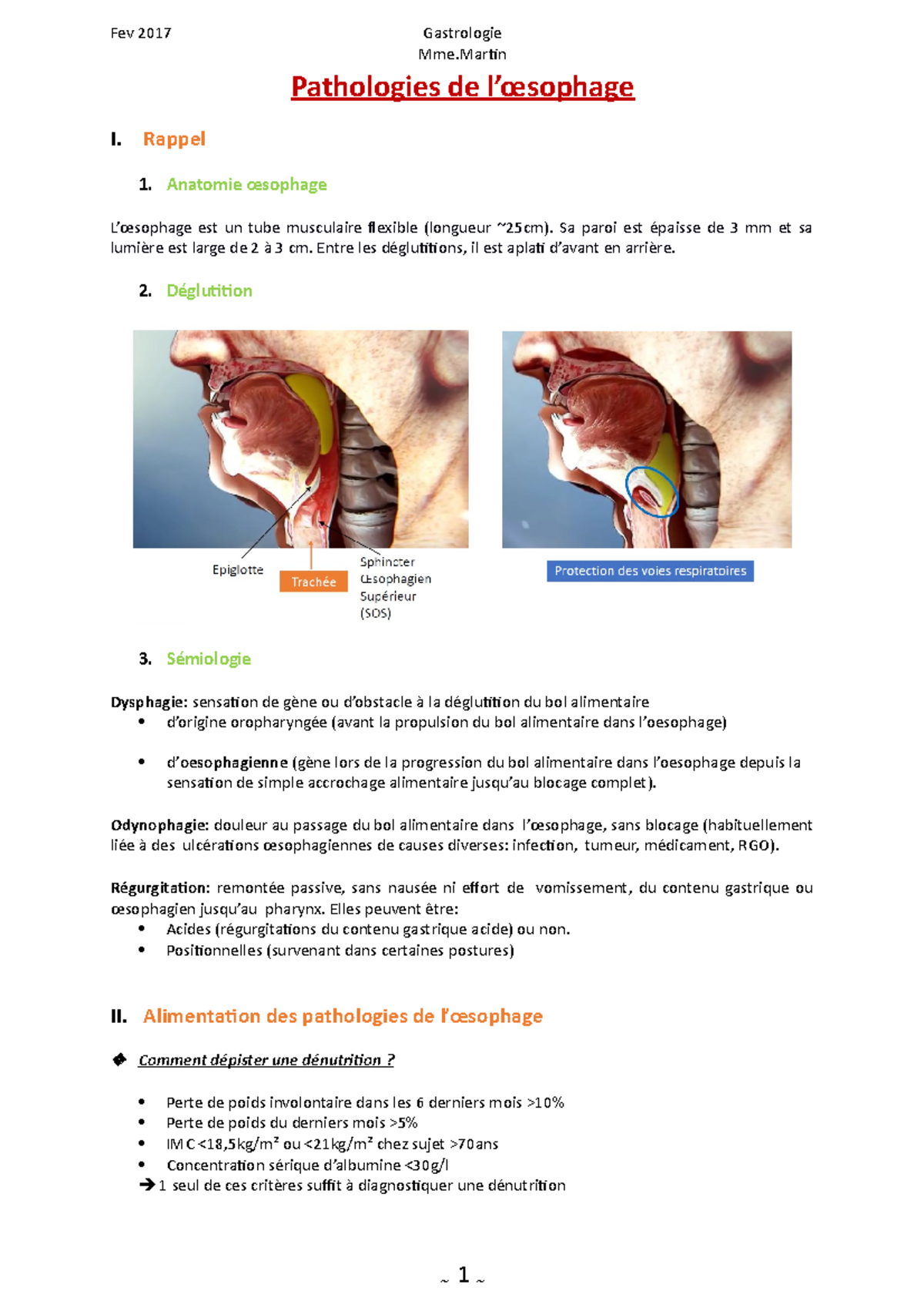 Pathologies de l oesophage - Fev 2017 Gastrologie Mme Pathologies de l’œsophage I. Rappel 1 ...
