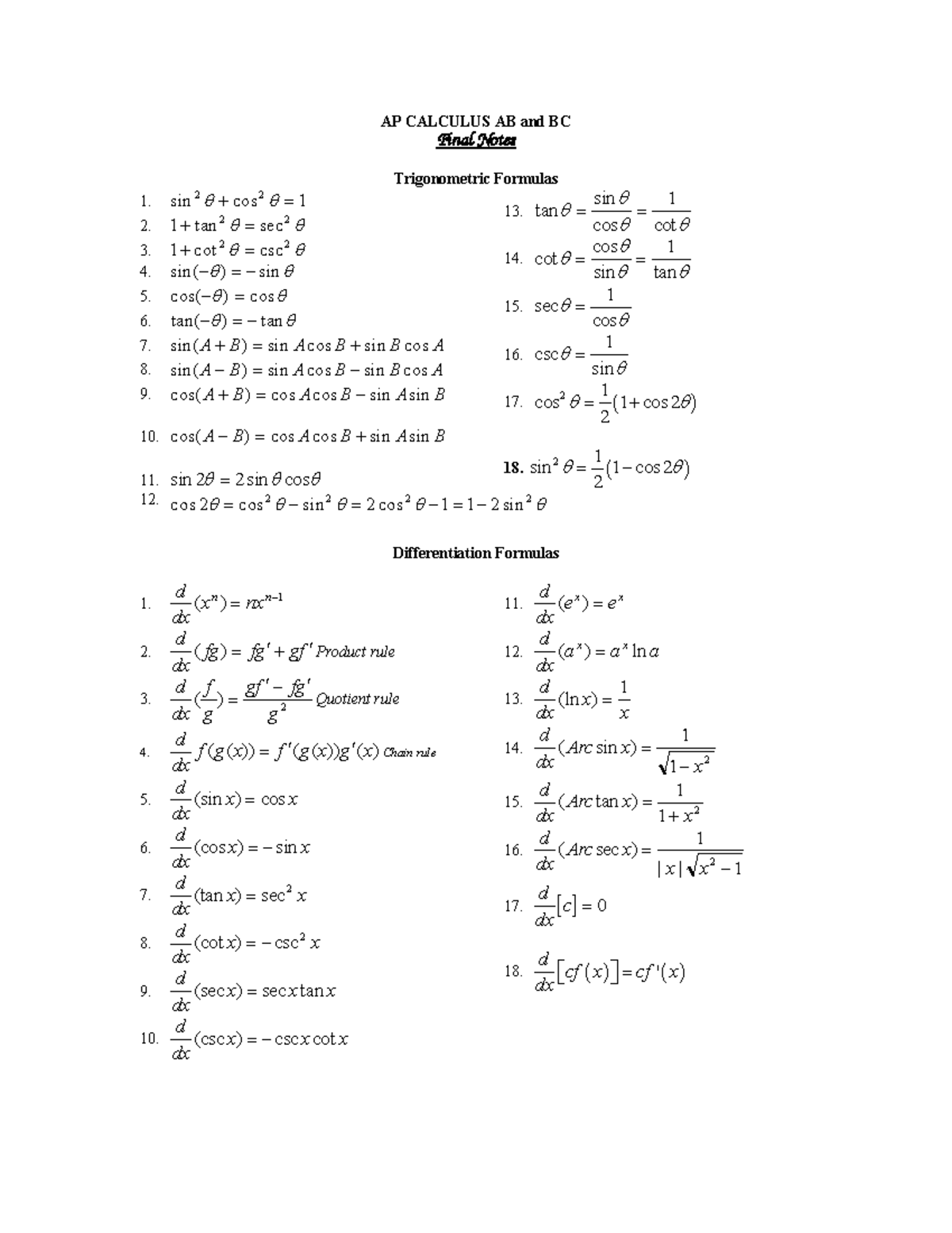 The Calculus Bible - AP CALCULUS AB and BC Final Notes Trigonometric ...
