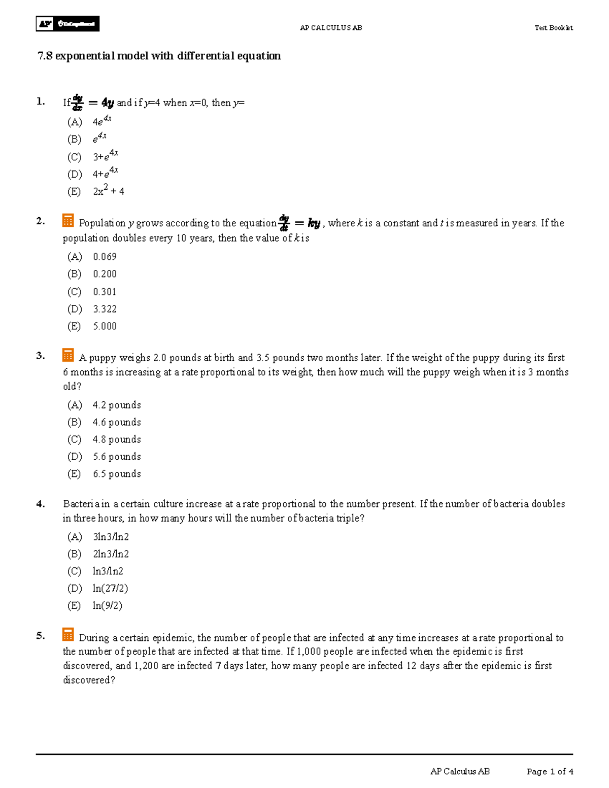 7 8 Exponential Model With Differential Equation If And If Y 4 When X
