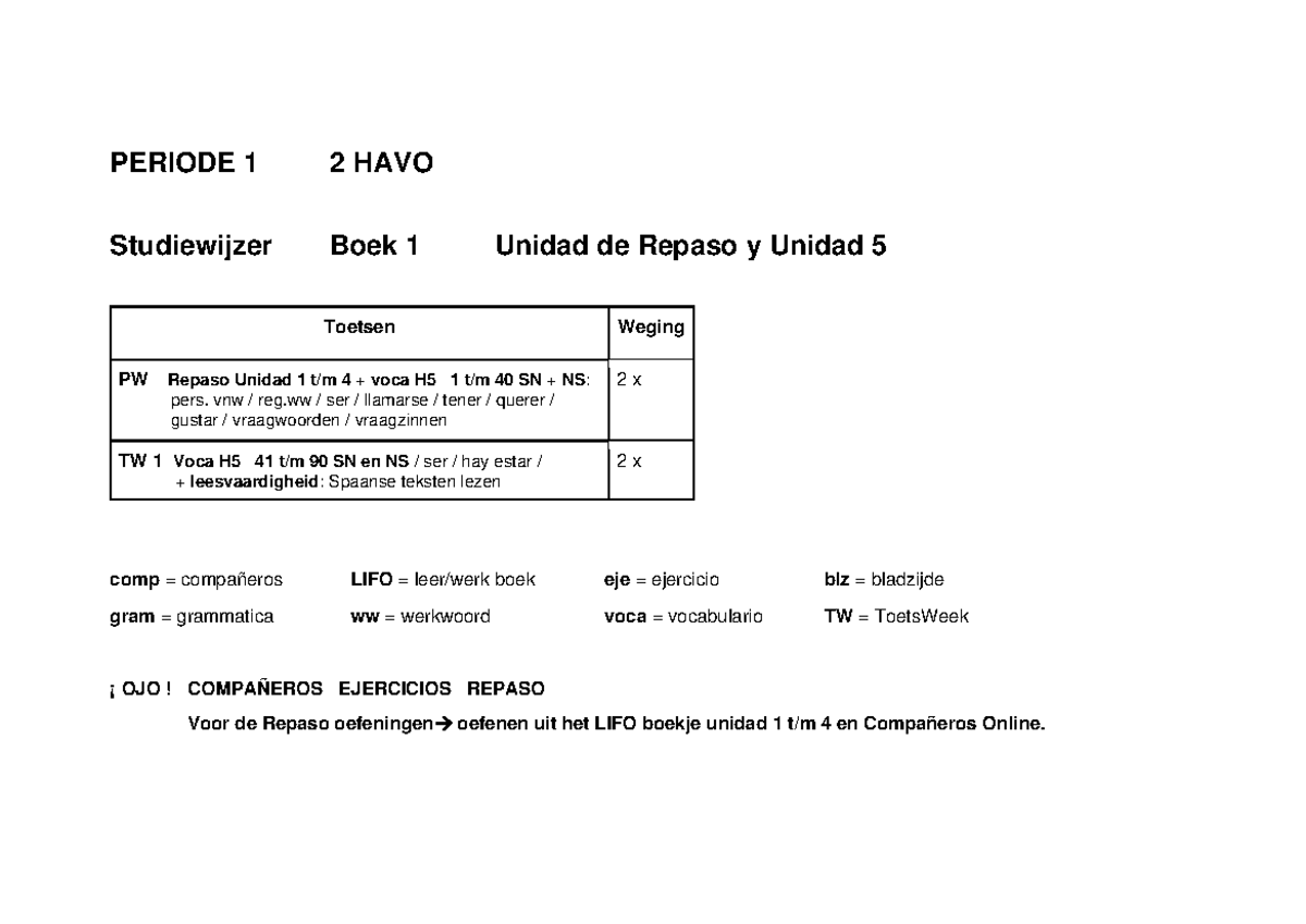 Studiewijzer 2 HAVO 2023-2024 - PERIODE 1 2 HAVO Studiewijzer Boek 1 ...