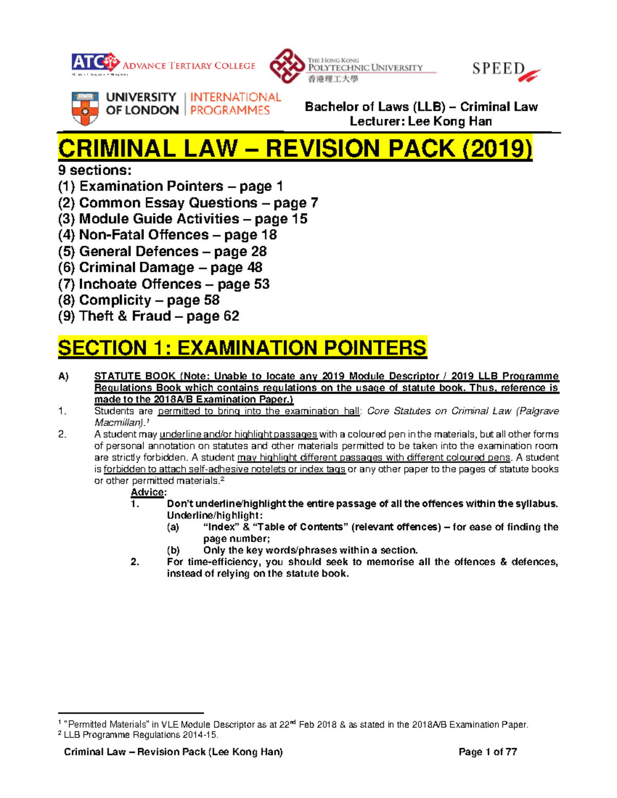 Criminal - Revision Pack 2019 - Bachelor of Laws (LLB) – Criminal Law ...