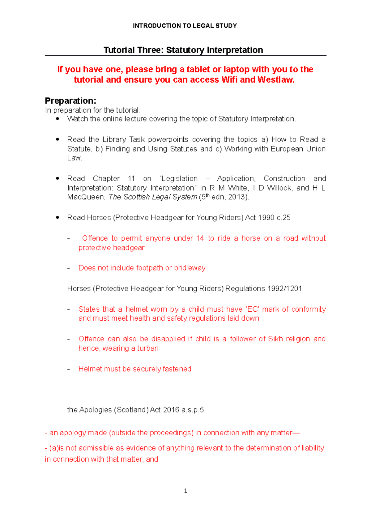 Tutorial Three; Statutory Interpretation - INTRODUCTION TO LEGAL STUDY ...