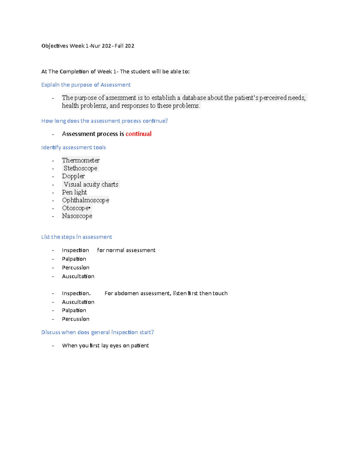 202 week 1 objesctives - NUR 202 - week 1 objectives - used for dr ...