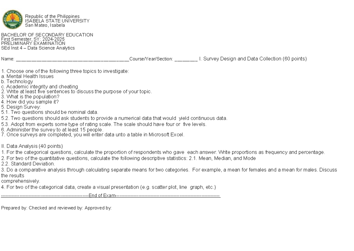 Prelim LAB-DSA - NON - Republic of the Philippines ISABELA STATE UNIVERSITY San Mateo, Isabela ...