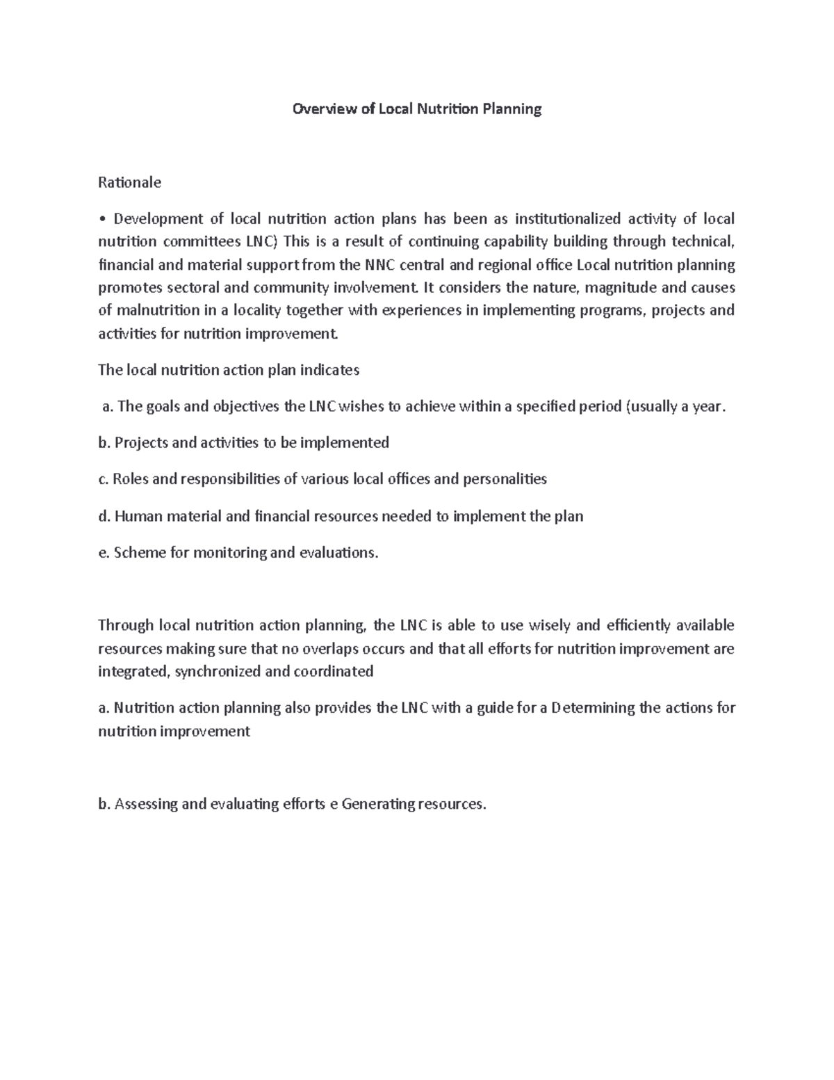 Overview of Local Nutritional Planning - Overview of Local Nutrition ...