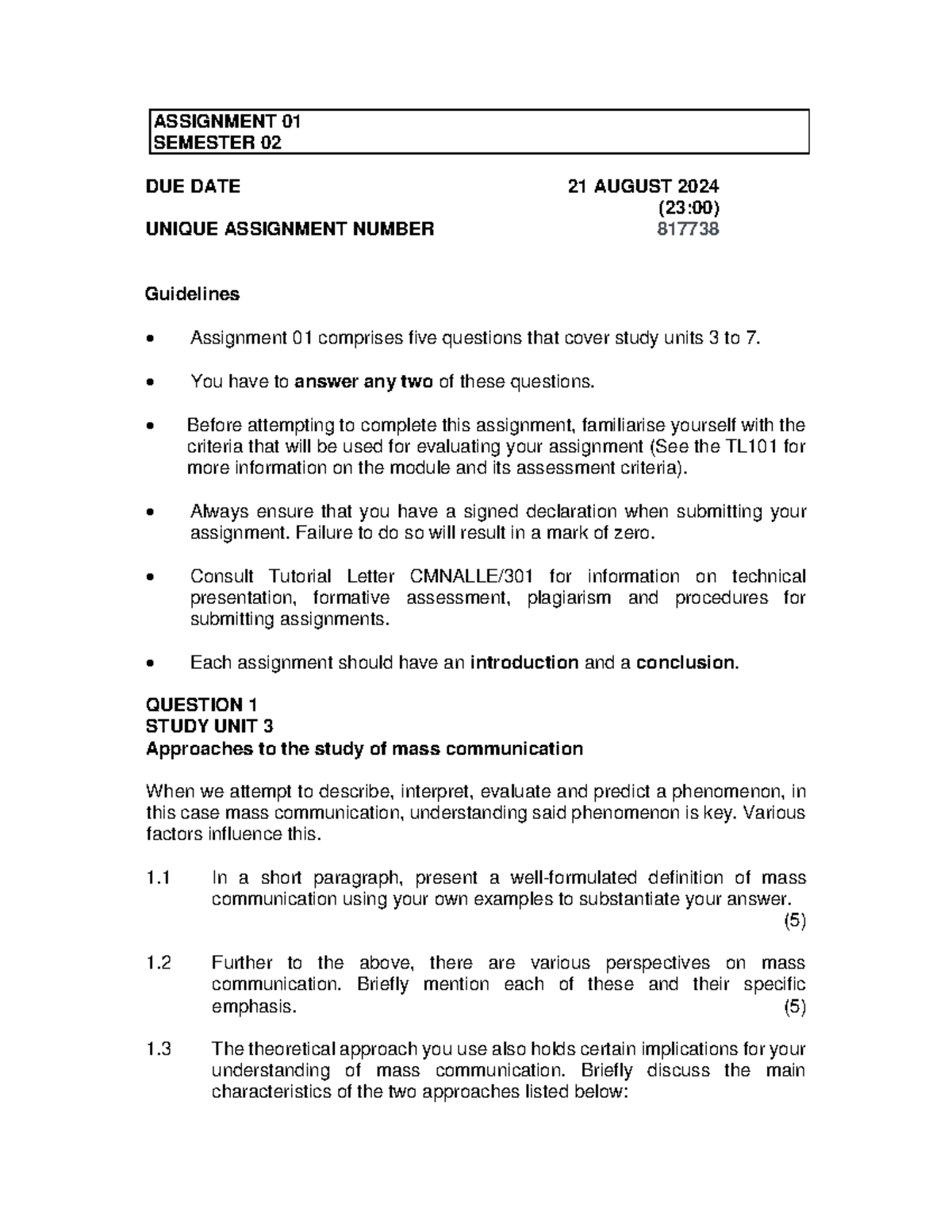 COM2604 Assignment 01 - ASSIGNMENT 01 SEMESTER 0 2 DUE DATE 2 1 AUGUST 2024 (23:00) UNIQUE - Studocu