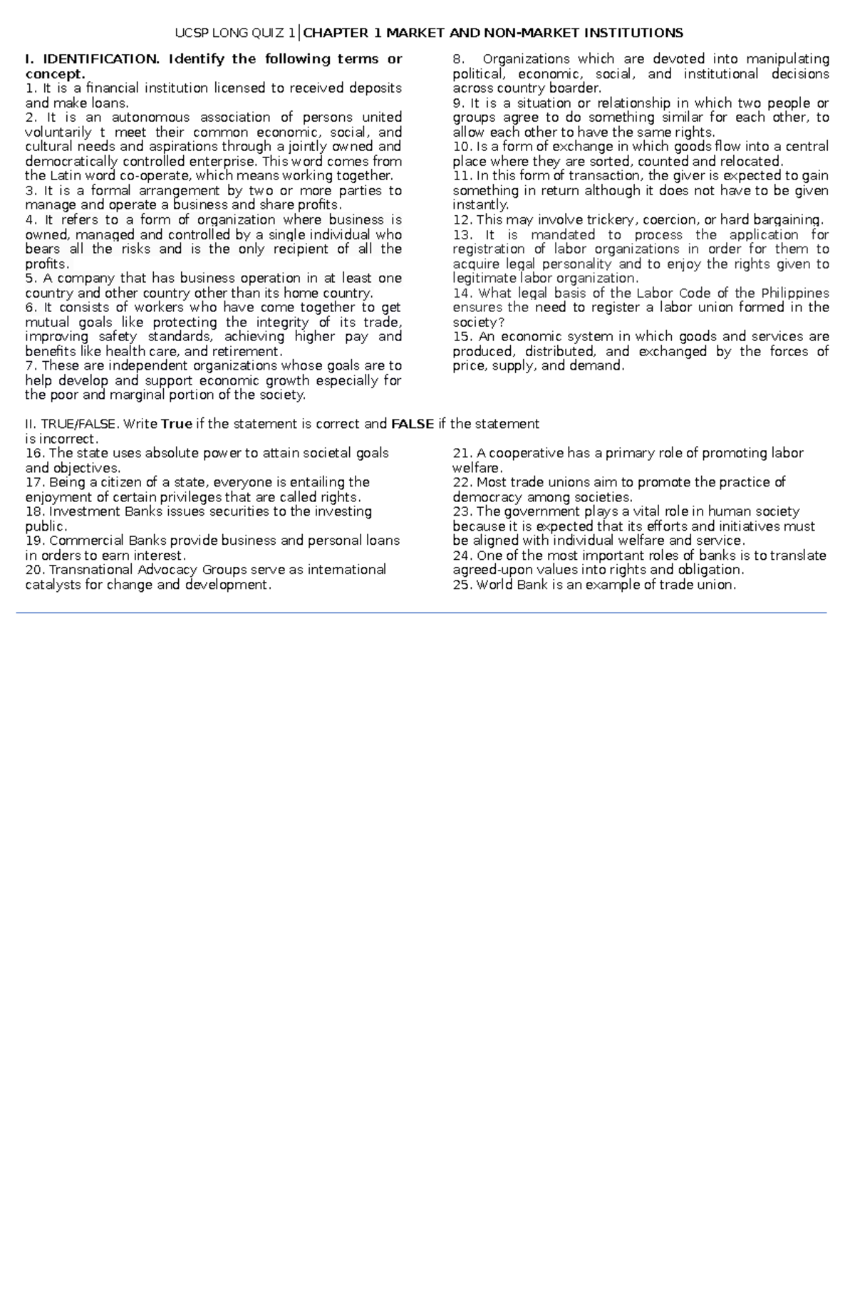 UCSP LONG QUIZ 1DDD - UCSP LONG QUIZ 1│CHAPTER 1 MARKET AND NON-MARKET ...