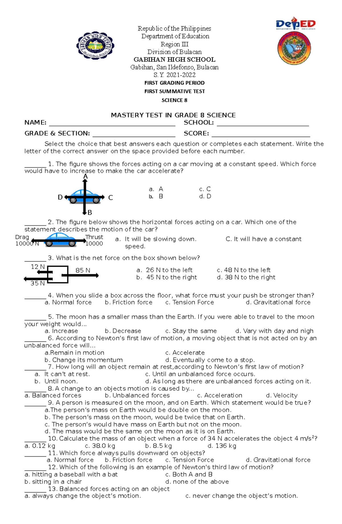 Grade 8 UNIT TEST IN Science Gabihan High School - BSED Math - BulSU ...