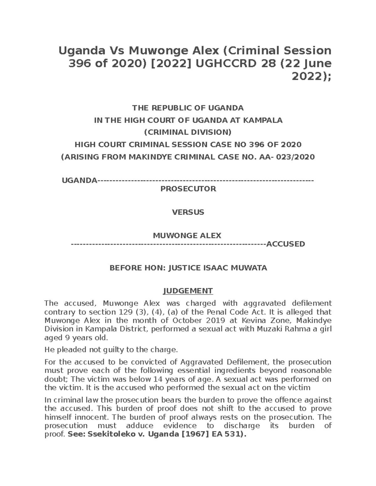 Uganda Vs Muwonge Alex Defilement - Uganda Vs Muwonge Alex (Criminal ...