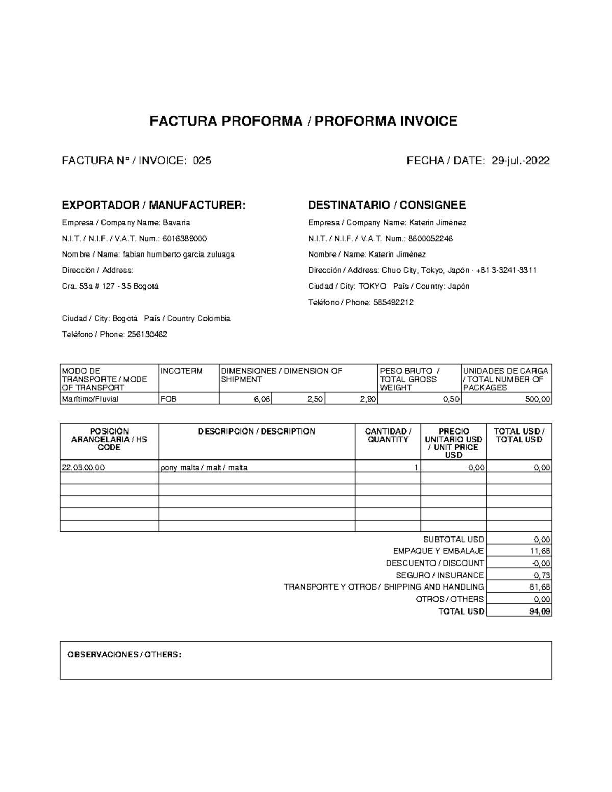 Simulación Exportación - FACTURA PROFORMA / PROFORMA INVOICE FACTURA N ...