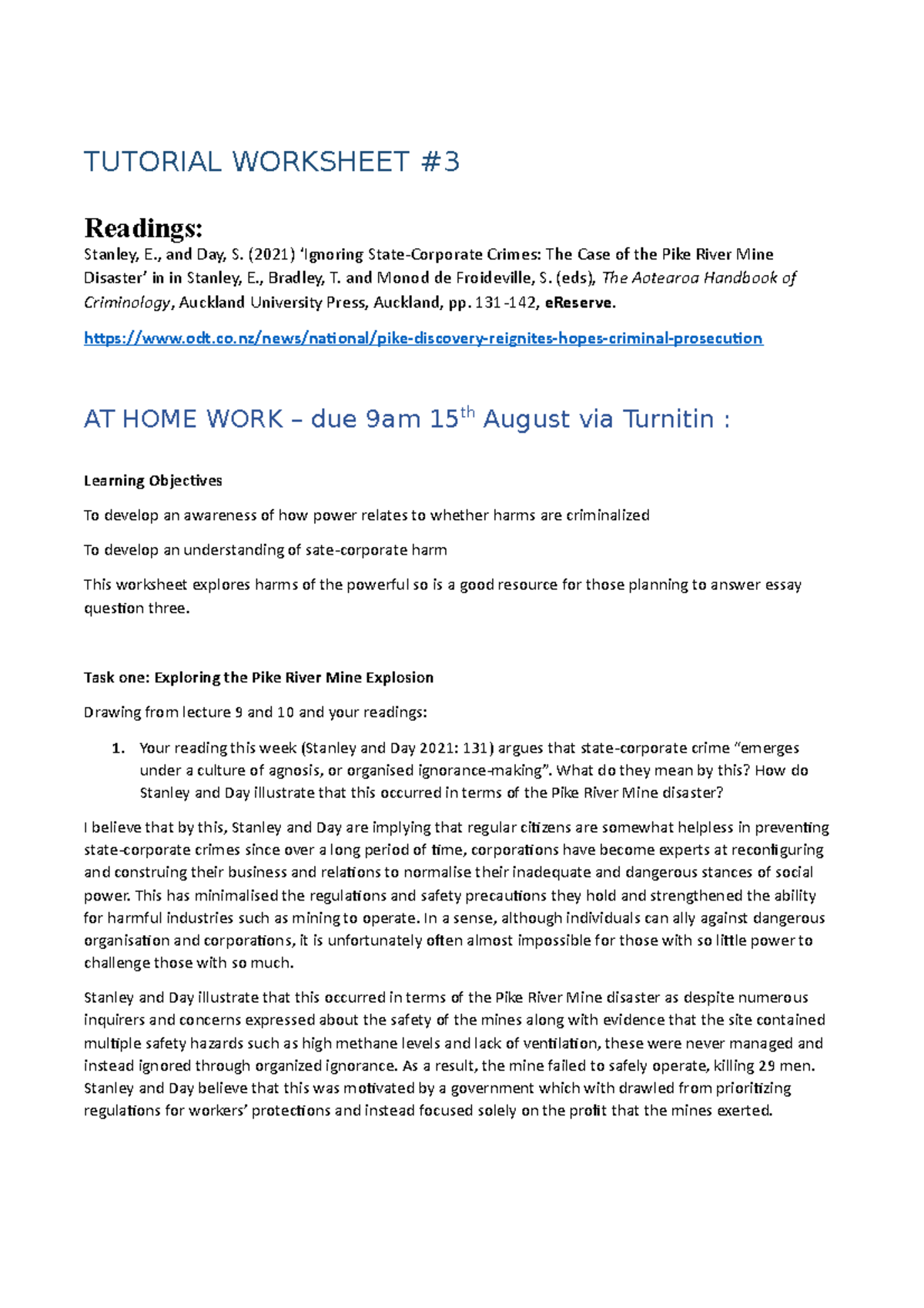 Tutorial 3 15th August - Student - TUTORIAL WORKSHEET Readings: Stanley, E., and Day, S. (2021 ...