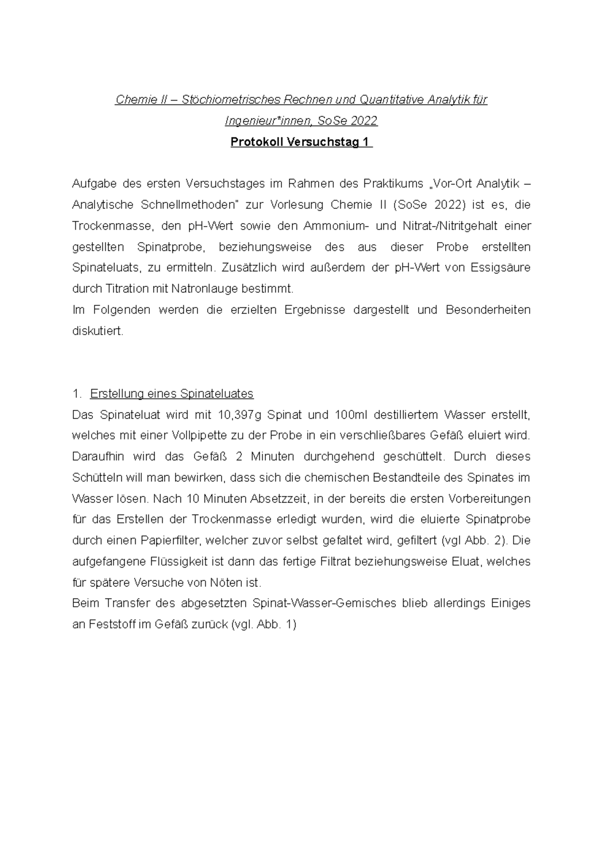 Chemie-V1-Protokoll - Protokoll Versuchstag 1, ph Wert Nitrat Ammonium ...
