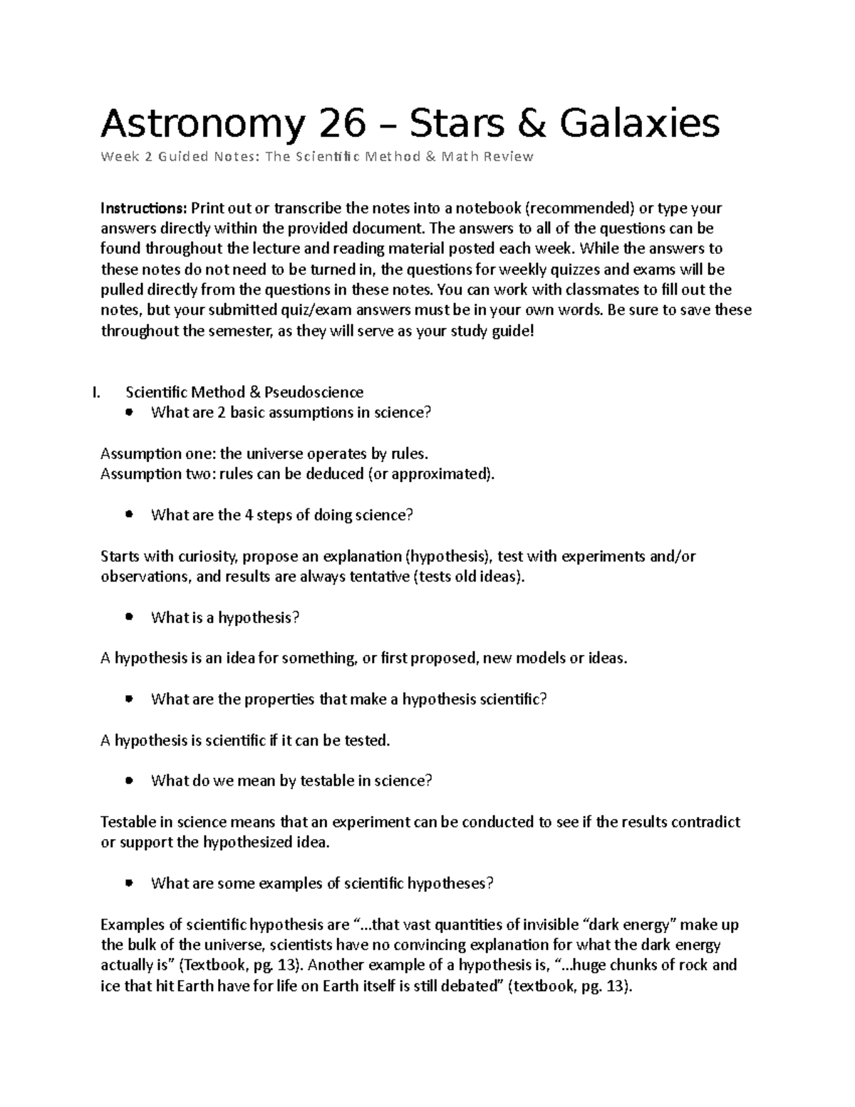 Guided Notes-2 Science-Math - Astronomy 26 – Stars & Galaxies Week 2 ...