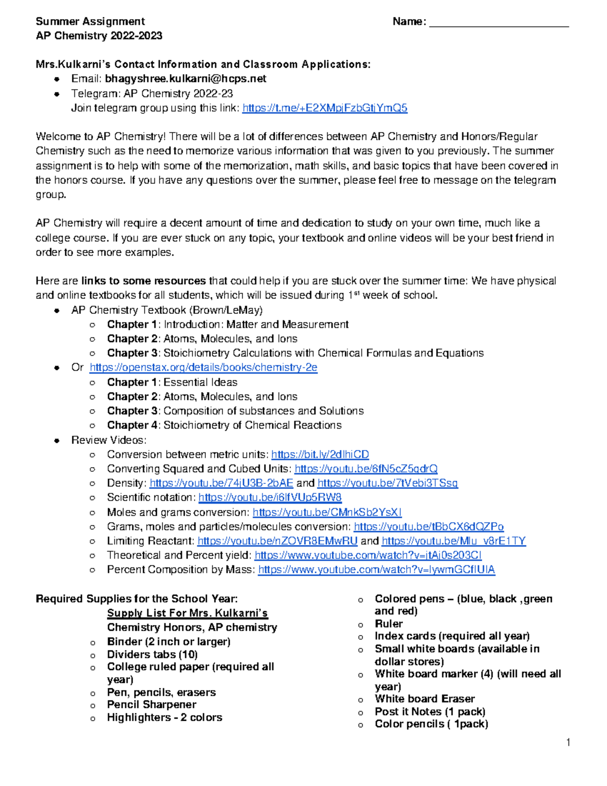 AP Chem Summer Assignment 2022 - Summer Assignment Name ...