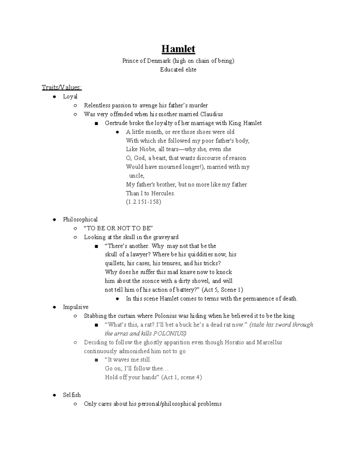 Hamlet Analysis - Individual notes, Professor Elaine Wise - Hamlet ...